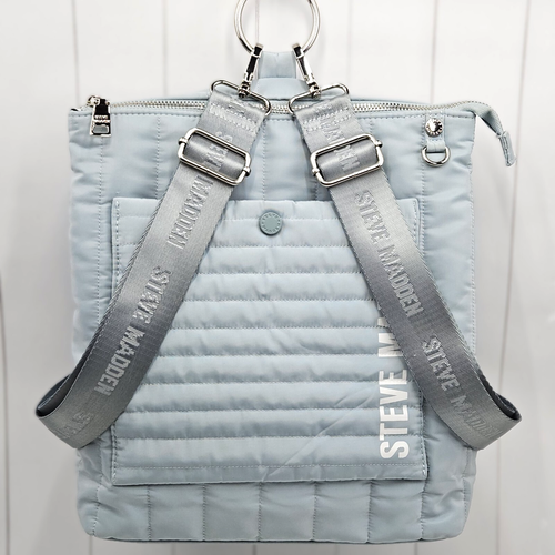 Puffer Backpack Small Steve Madden Light Blue Vertical Logo Silver ...