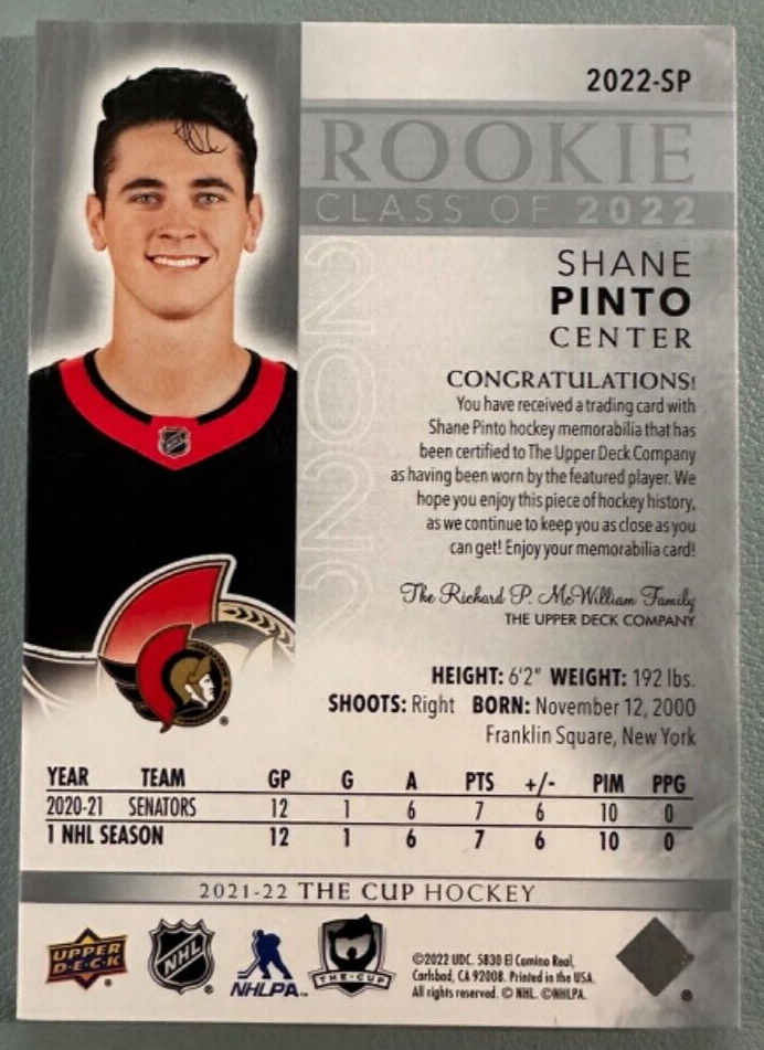 2021-22 Upper Deck The Cup Rookie Class of 2022 Patch SHANE PINTO 43/49 ...