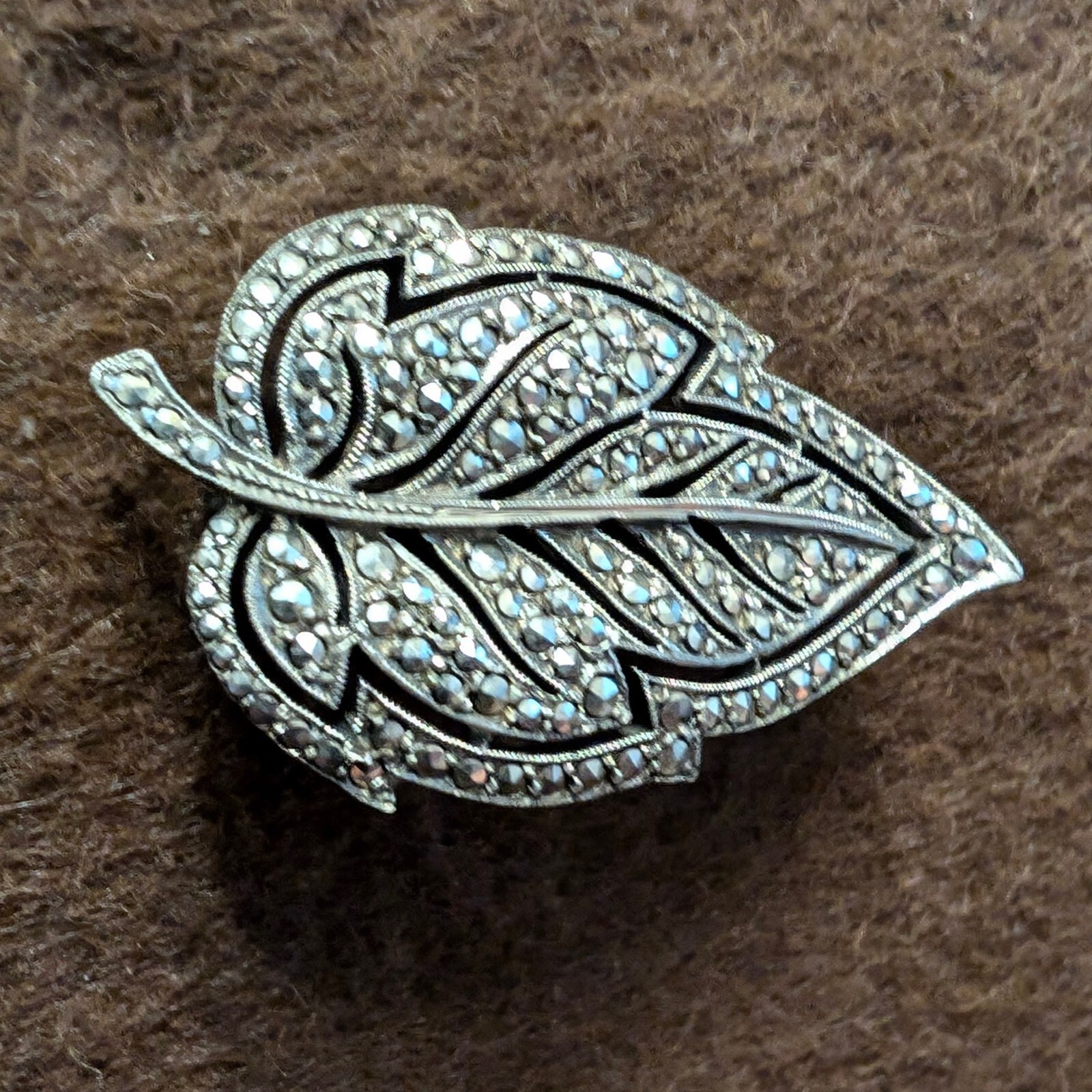 Vintage Sterling Silver Marcasite Leaf Brooch, Hallma… - Gem