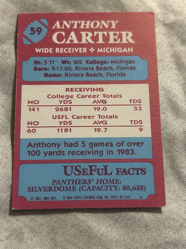 1984 Topps USFL #59 Anthony Carter Panthers RC Nmt Vintage Combined ...