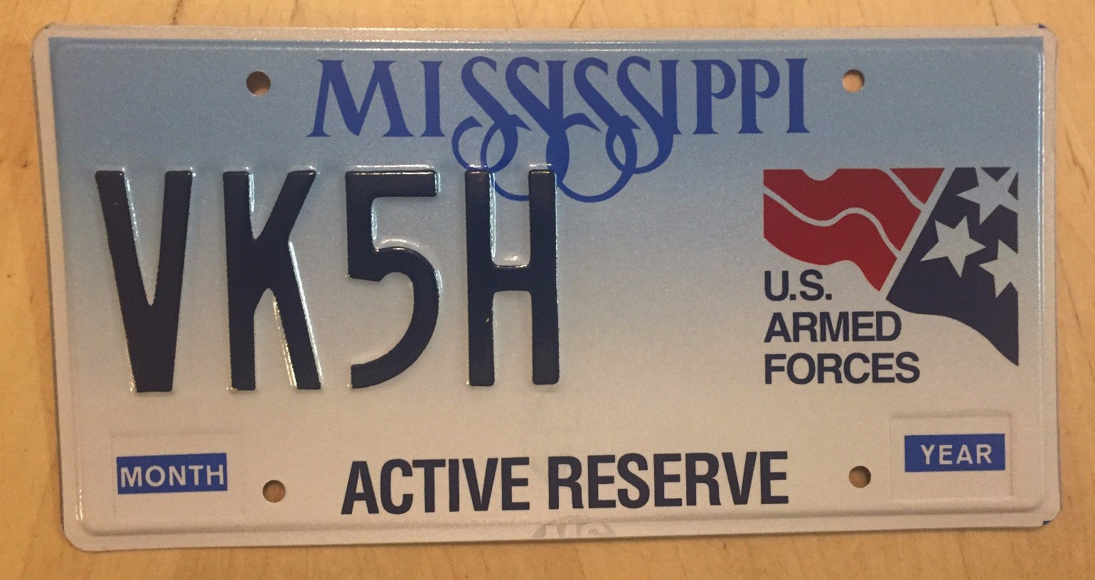 MISSISSIPPI ACTIVE RESERVE LICENSE PLATE " VK5H " MS US ARMED FORCES ...