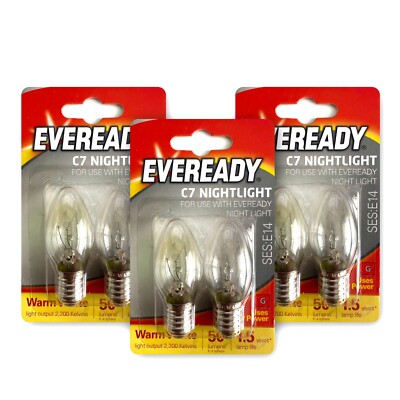 6 x EVEREADY E14 SPARE NIGHT LIGHT BULB 7W SES - 14mm LAMP 240V SCREW ...