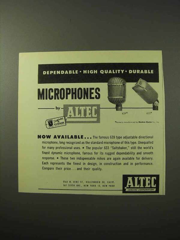 1950 Altec 639 Directional 633 Saltshaker Microphone Ad | eBay