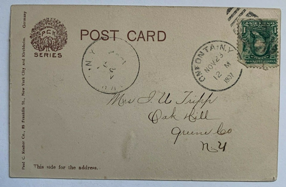 1907NY Postcard Oneonta Main St from Deitz St trolley Henry Saunders ...