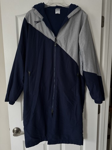 Speedo Swim Parka Fleece Lined Hooded Long Coat Jacket Navy Gray Size ...