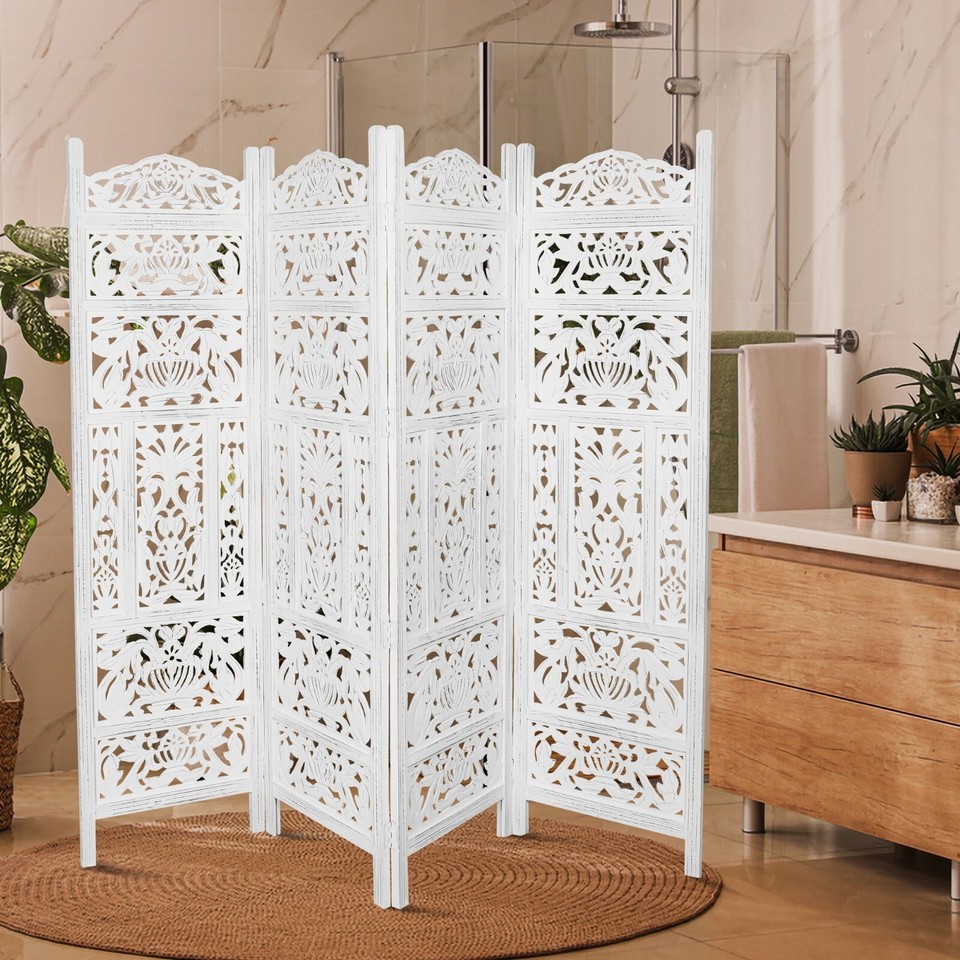 4 Panel Hand Carved Indian Screen Wooden Leaves Design Screen Room ...