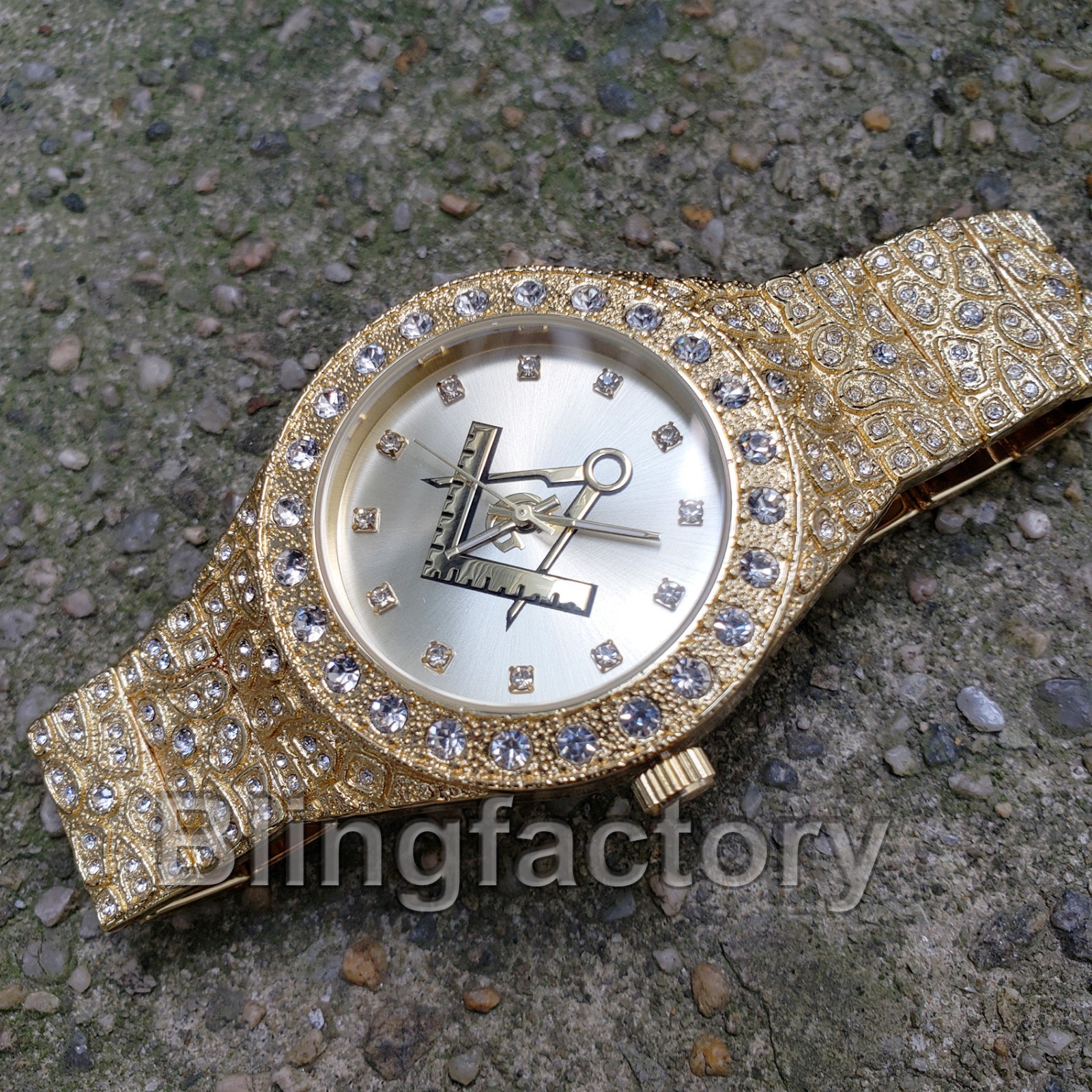 Men's Luxury Hip Hop Golden Nugget Freemason Masonic CZ Stone Wrist ...