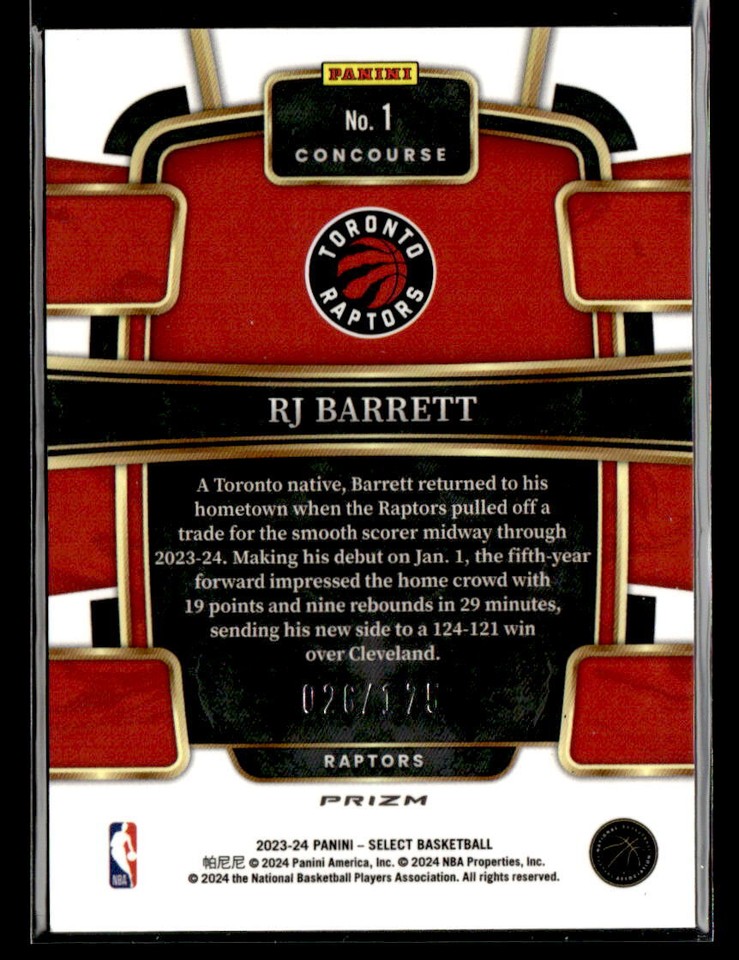 RJ Barrett 2023-24 Panini Select #1 Maroon Prizms /175 Toronto Raptors ...