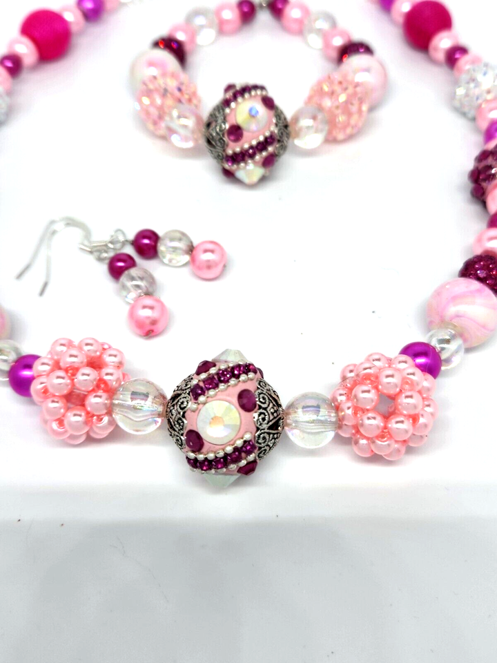 NEW LILAH ANN handmade PINK beaded NECKLACE earrings BRACELET SET beads ...