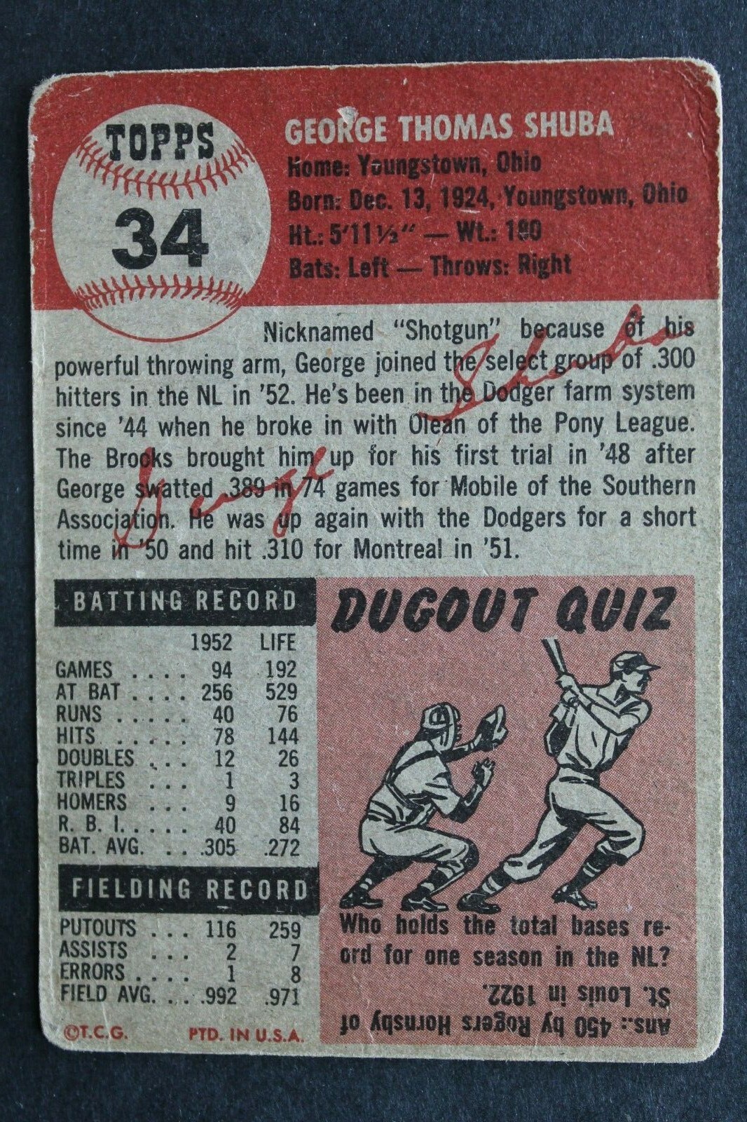 George Shuba (d.14) "SHOTGUN" Autographed 1953 Topps #34 Signed Vintage ...