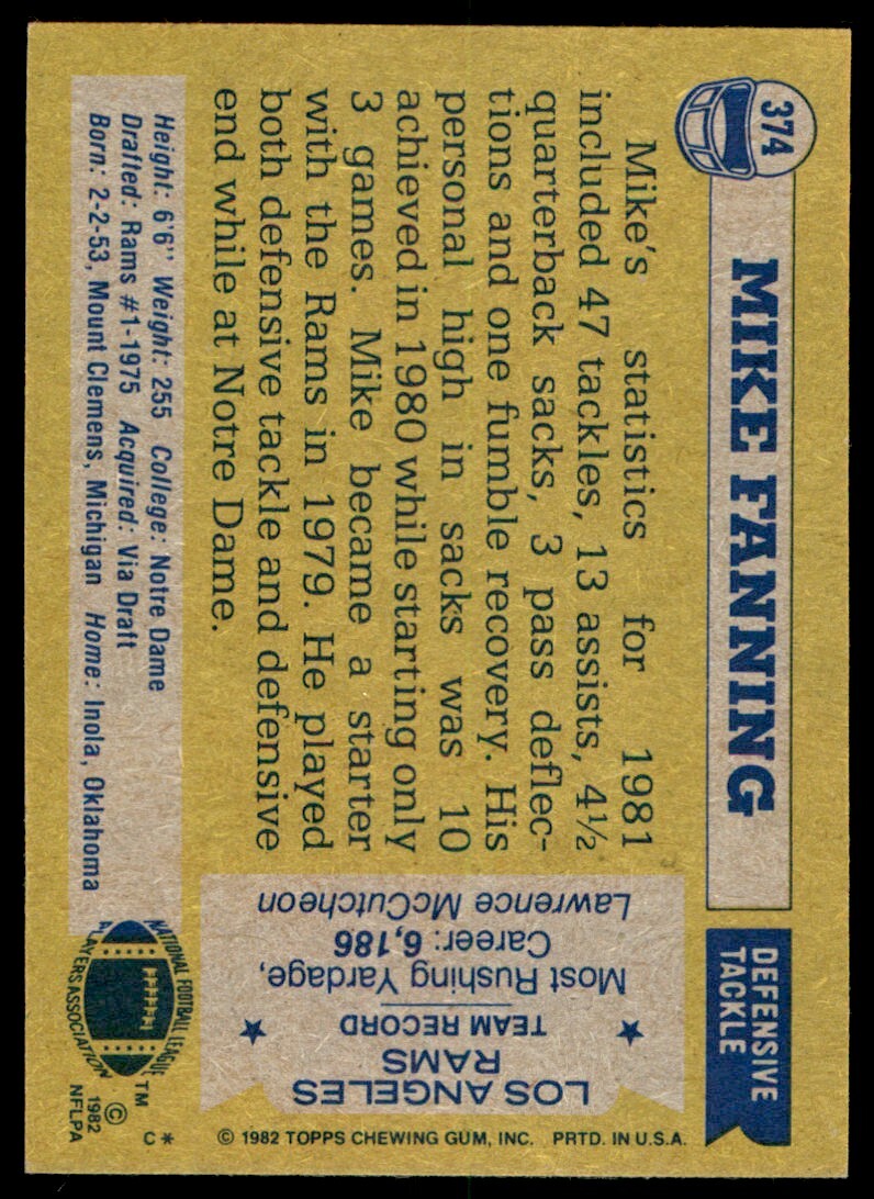 1982 Topps Mike Fanning Rookie Los Angeles Rams #374 | eBay