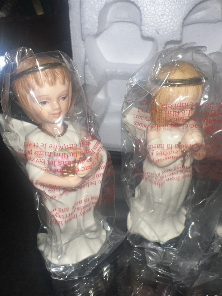 VTG NIB Set of 3 Porcelain Mini Guardian Angel Figurines Gold Halo 4.5 ...