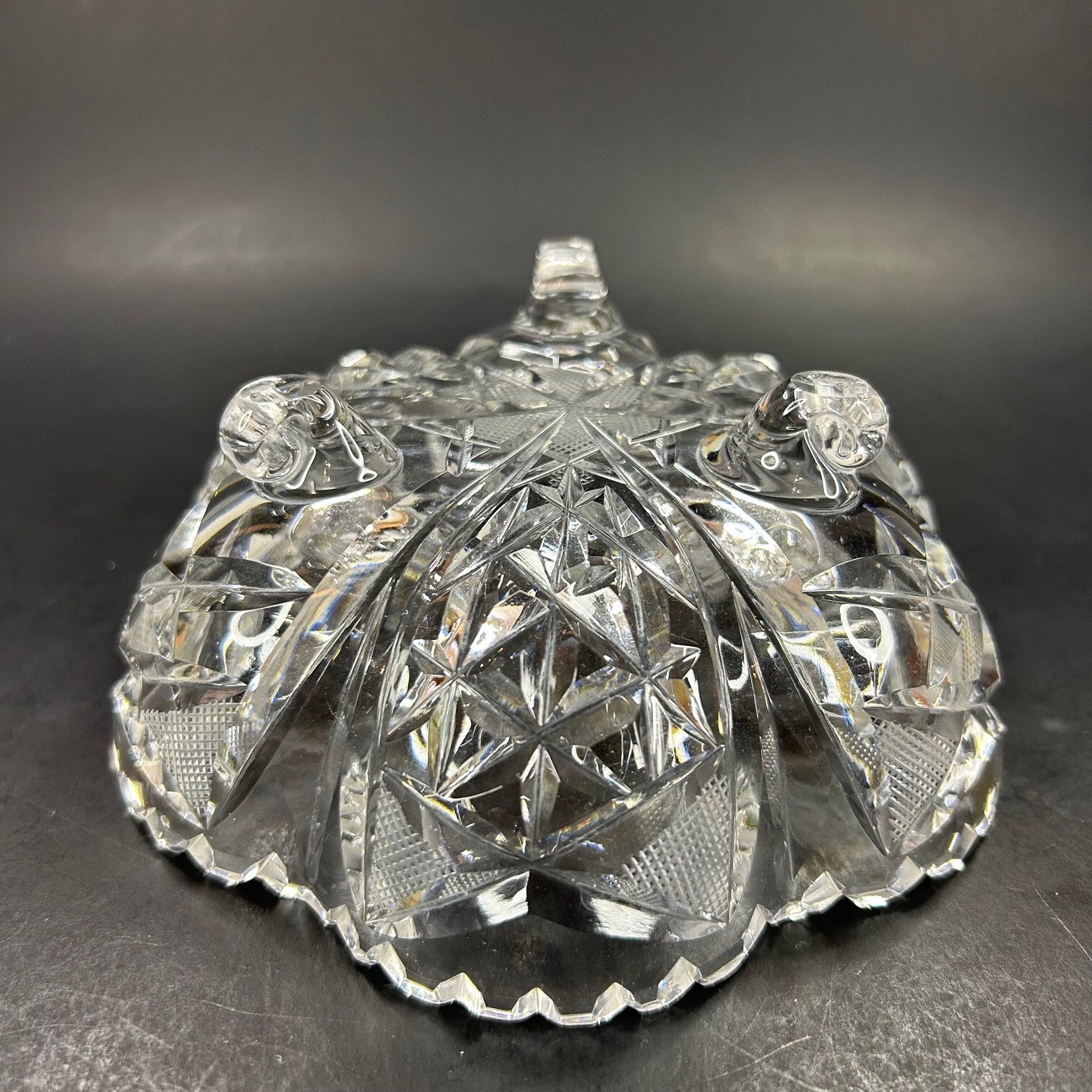 European Cut Crystal Nut Dish with Scalloped Toothed Edge 3 Applied ...