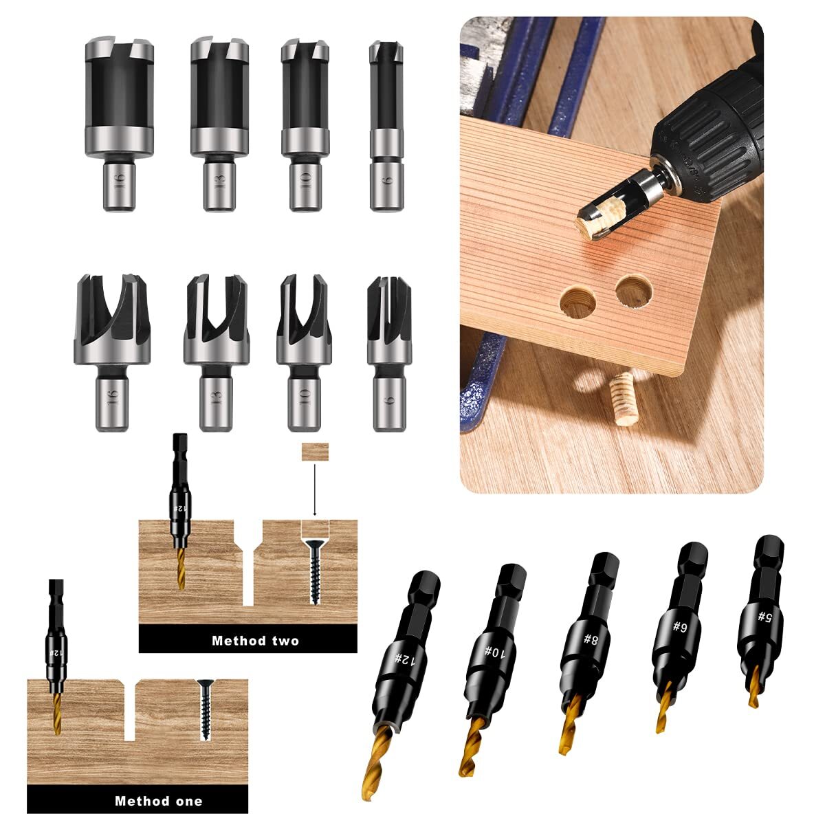14pcs Countersink Drill Bit Set Kit with Wood Plug Cutter Tool Bits ...