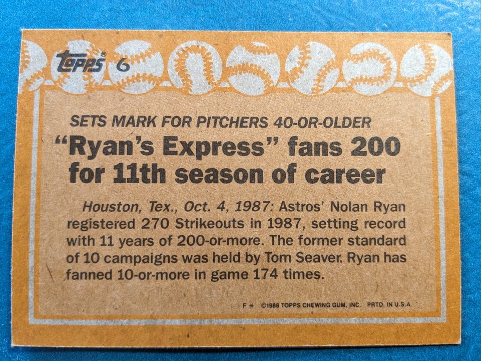 1987 Topps '87 Record Breakers Nolan Ryan Houston Astros #6, HoF, NM-MT ...