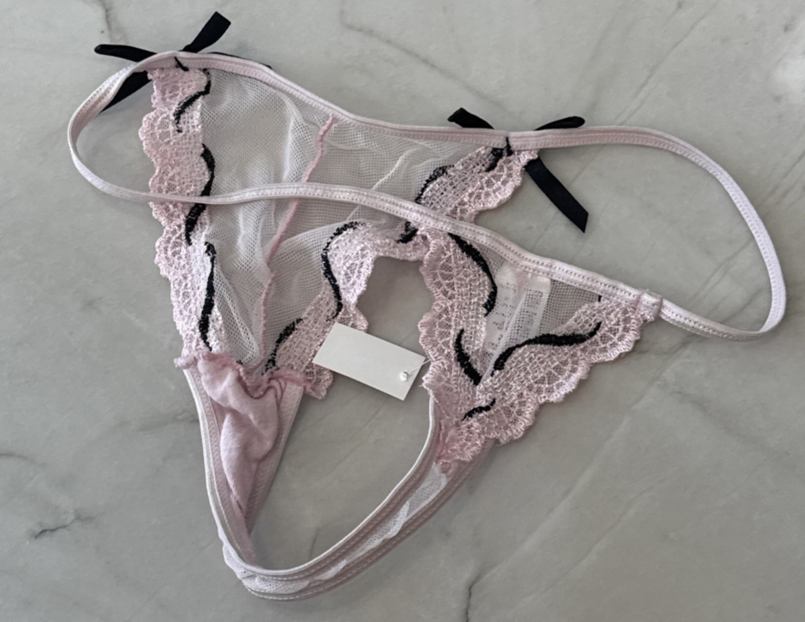 Pink Sheer Lacey String Thong with Black accent bows Size 7/L Panty | eBay