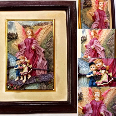 VTG PINK GUARDIAN ANGEL CROSSING CHILDREN OVER BRIDGE FIGURES 3D FRAMED ...