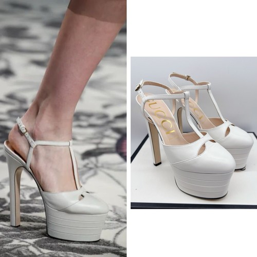 Gucci Malaga Angel T-Strap Platform High Heel Pumps White Leather ...