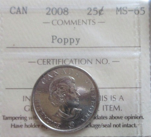 2008 Canada Poppy Quarter Coin ICCS MS 65 Twenty-Five Cents UNC 25 ...