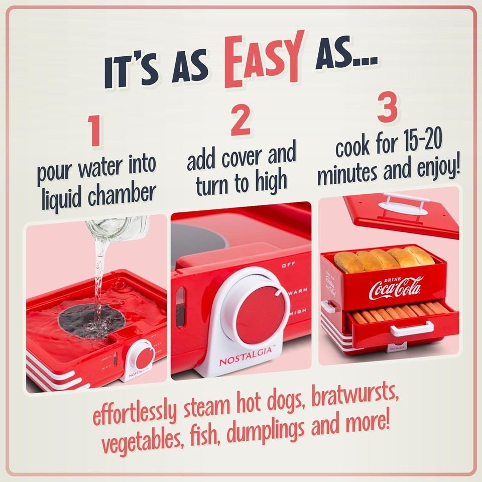 Large Coca-Cola Hot Dog Steamer, 24 Hot Dogs 12 Buns, Red, Electric ...