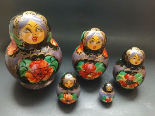 Vtg Matryoshka Russian Wooden Nesting Dolls 5pc Set Roses Bottom Marked ...