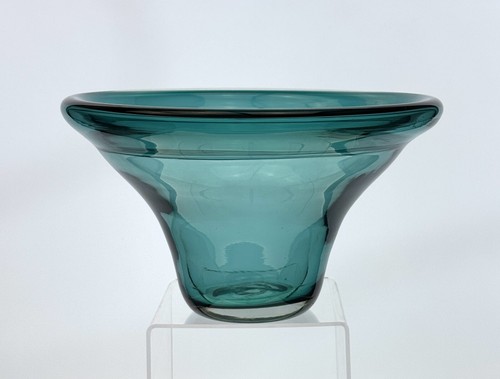 Blenko Handmade Glass 592L Rolled Rim Bowl in HTF Aqua Husted MCM Etched Design | eBay