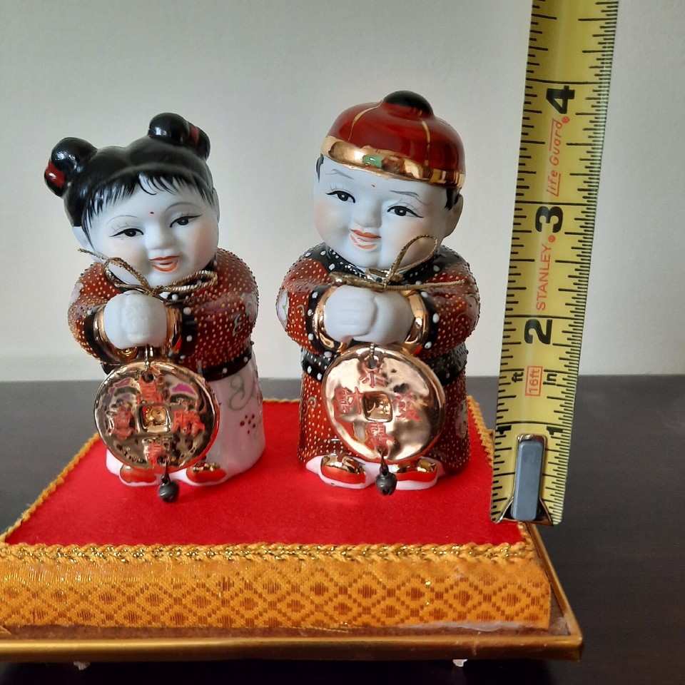 Vintage Chinese Lucky Golden Couple Jintong Boy Yunu Jade Girl in glass ...