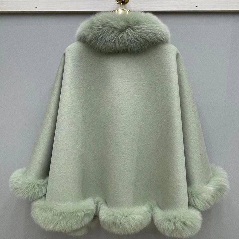 Real Women 100% Fox Fur Trim Shawl Cashmere Ponchos Cape Cardigan Coat ...