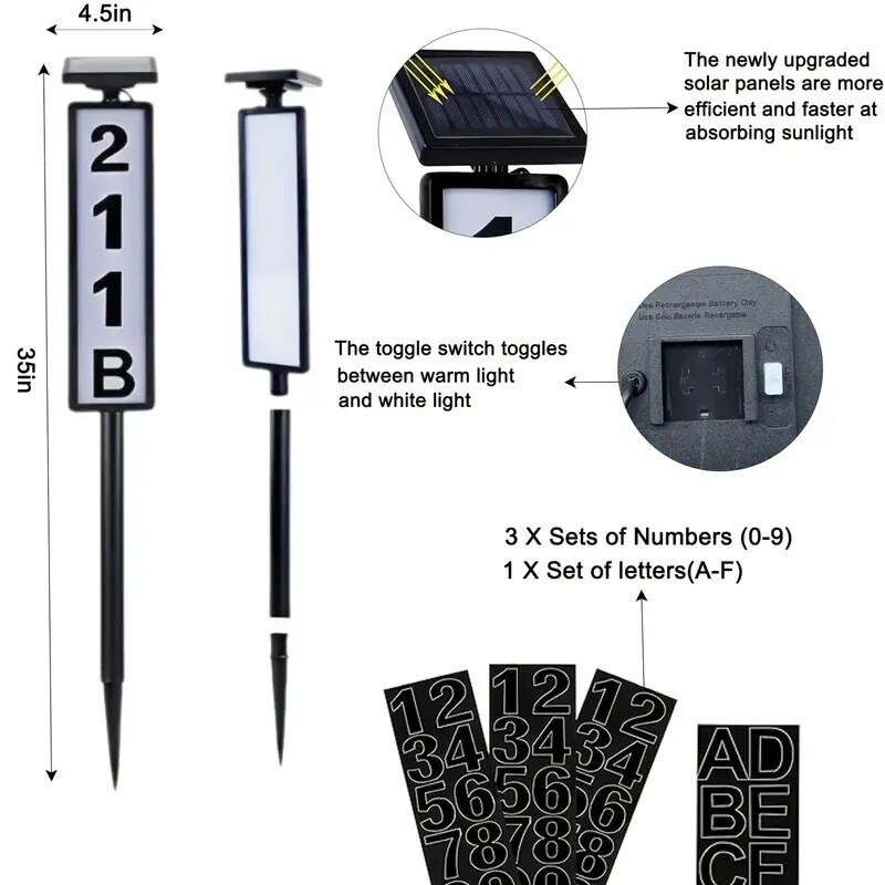 Solar LED Address Sign Light w/ Stake Lighted House Numbers for Home ...