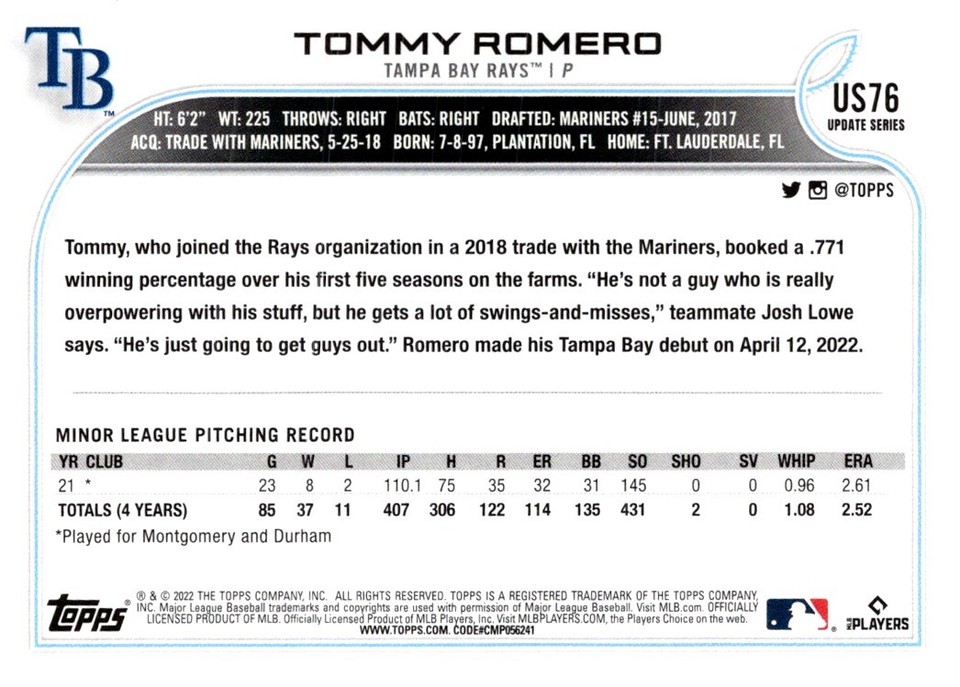 2022 Topps Update Tommy Romero #US76 Tampa Bay Rays Baseball Card | eBay