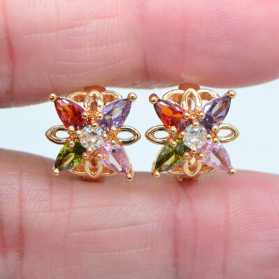 18K Yellow Gold Filled Multicolour Topaz Marquise Flower Huggie ...