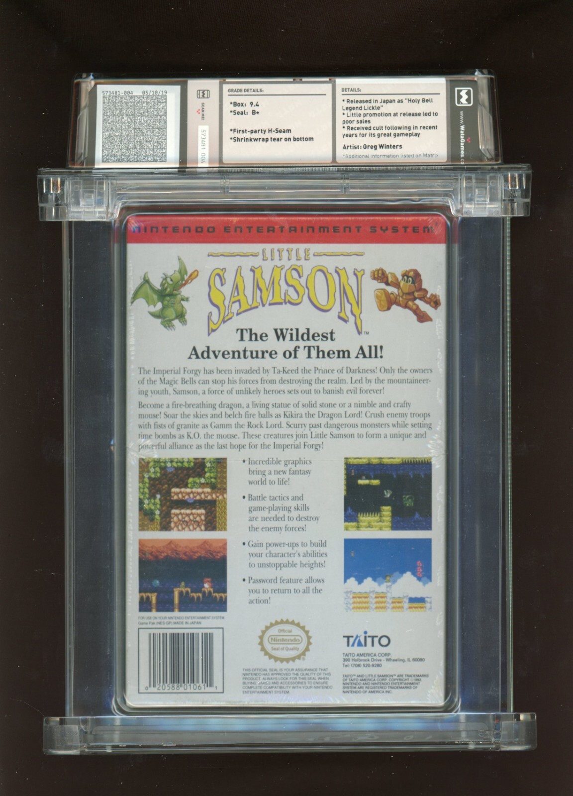 1992 Little Samson Factory Sealed WATA 9.4/B+ MINT Nintendo NES Taito ...