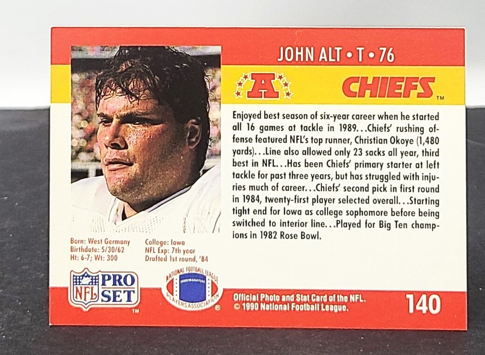 JOHN ALT Signed Autographed 1990 Pro Set Football Card #140 Kansas City ...