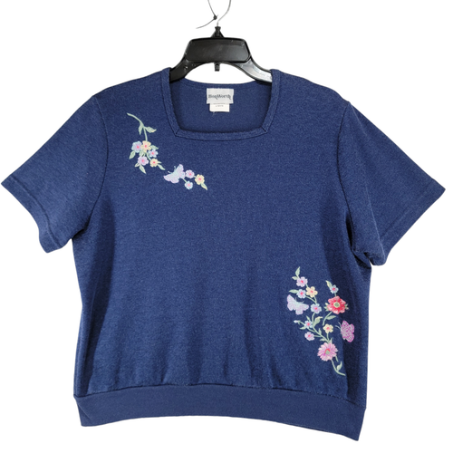 BonWorth Women's Shirt Short Sleeve Square Neck Embroidered Floral Blue ...