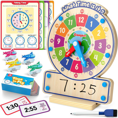 Wooden Clock Teaching Time Toy, Analog Digital Clock with Fly-Telling ...