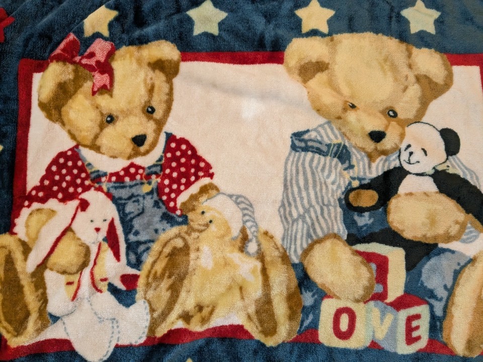 Vintage Blue Jean Teddy Bear Plush Acrylic Baby Blanket 30x40 | eBay