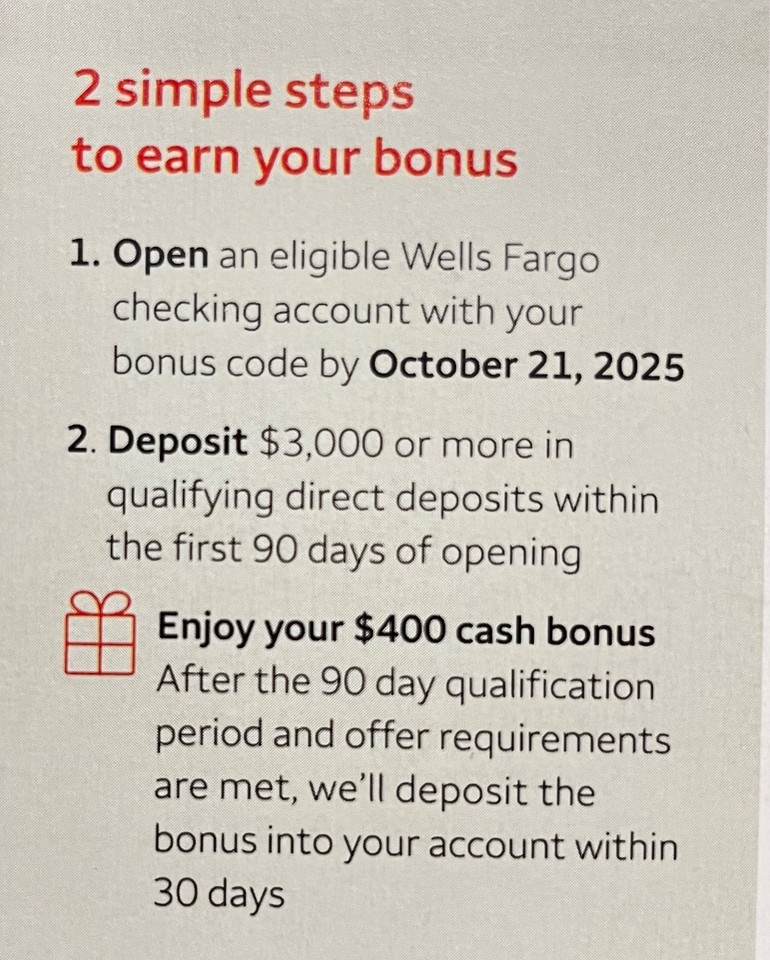 WELLS FARGO BANK CHECKING ACCOUNT $400 BONUS COUPONS EXP 10/21/2025 | eBay