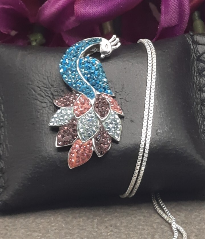 ARTISTIQUE STERLING SILVER SWAROVSKI ELEMENTS PEACOCK PENDANT NECKLACE. | eBay