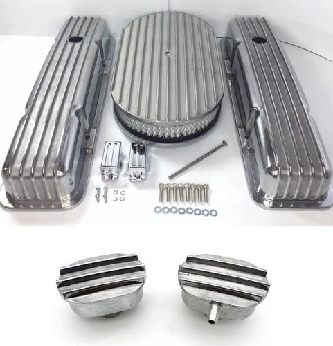 SBC Finned Aluminum Short Valve Covers, Breather, PCV & 15'' Air ...