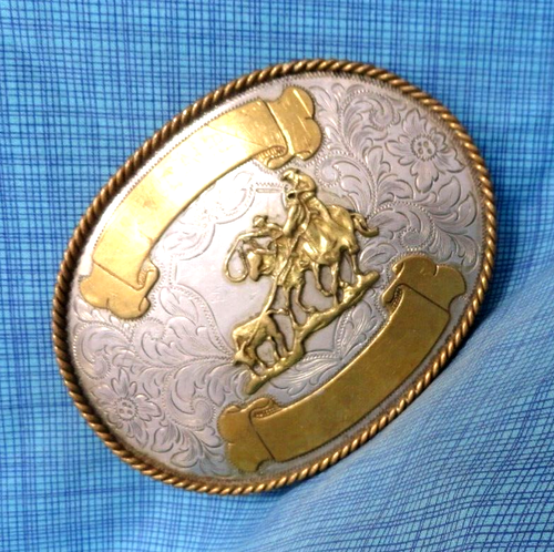 Team Roping Jeffco Fair Heeler Rodeo Trophy Belt Buckle Nickel Vtg MSS ...