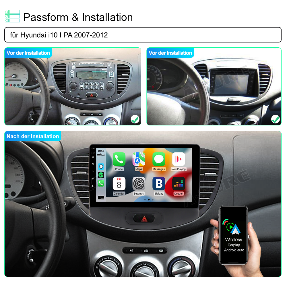 Android 12 Autoradio Wireless CarPlay GPS Navi für Hyundai i10 I PA ...
