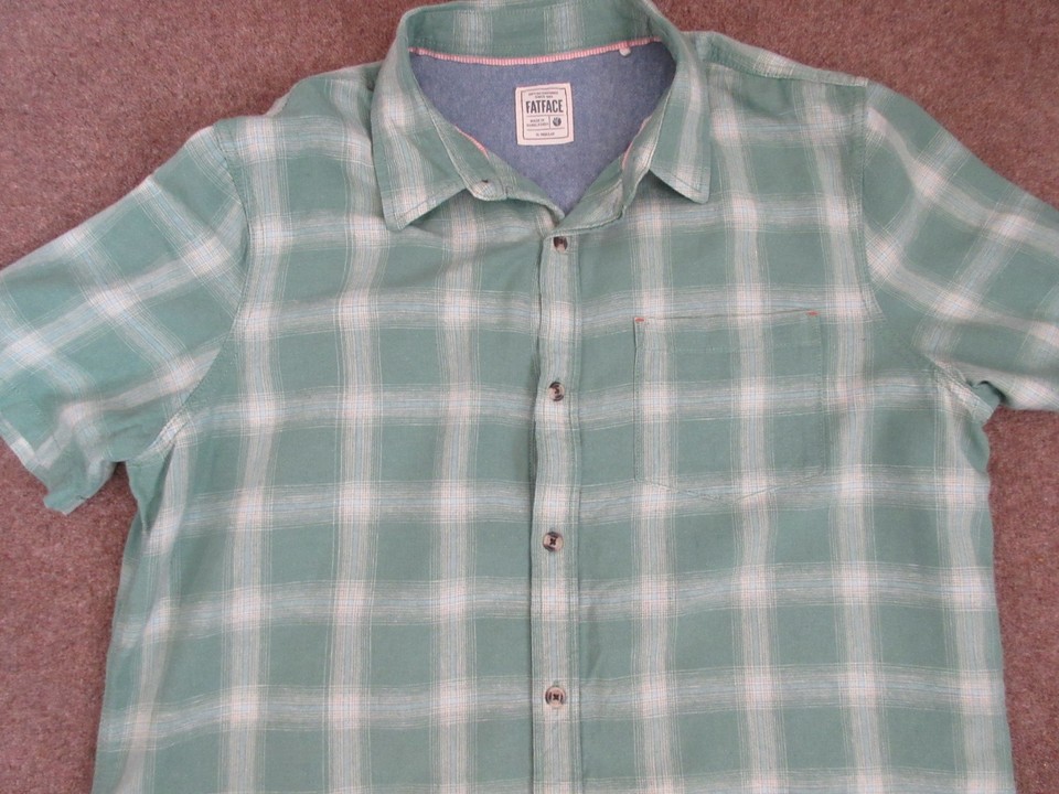 Men's Fat Face Green & White Check Short Sleeve 100% Cotton XL Shirt ...
