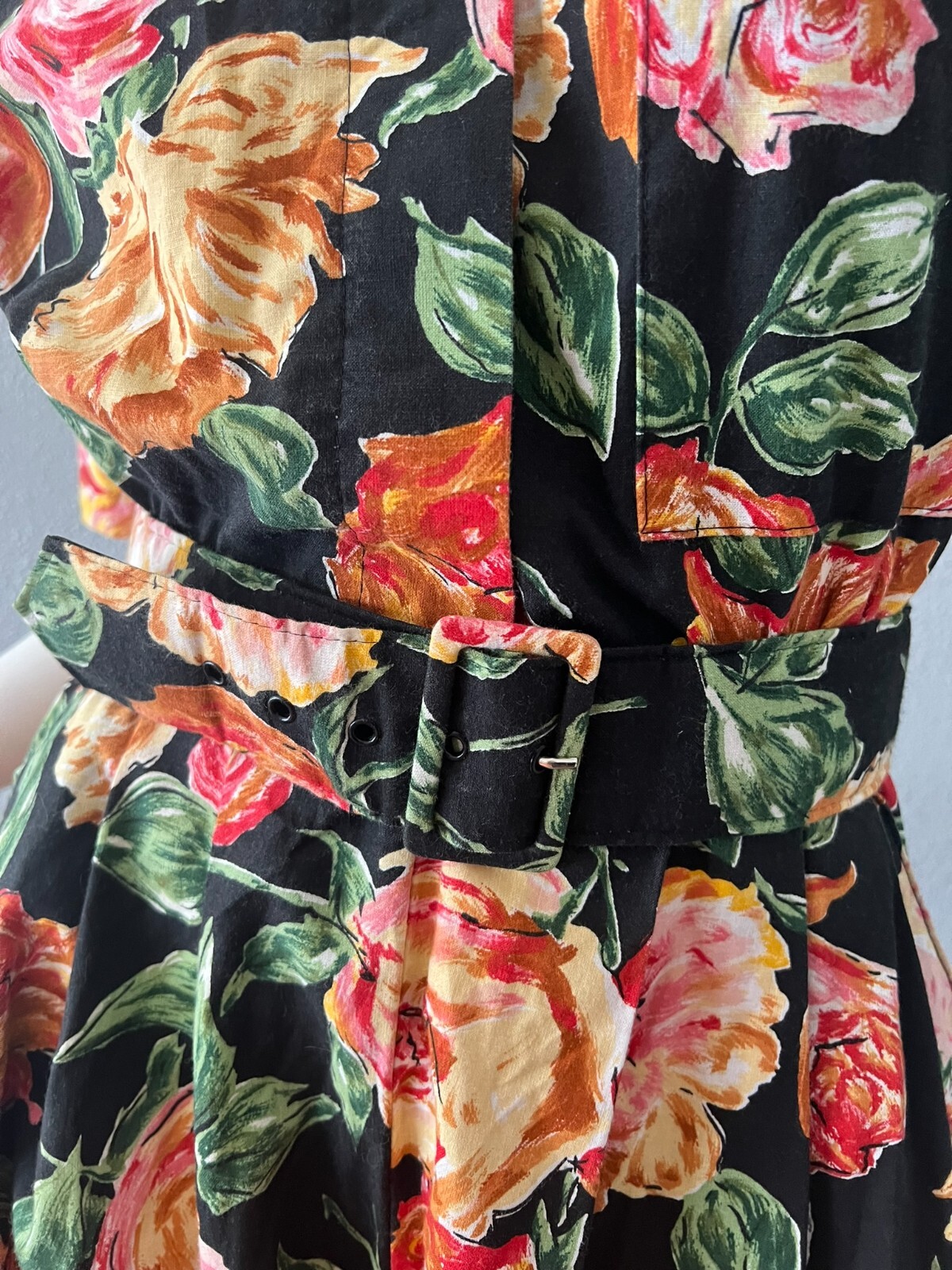 Vintage 80s Black Floral Rose Print Cotton Midi Belt Shirt Dress S/M | eBay