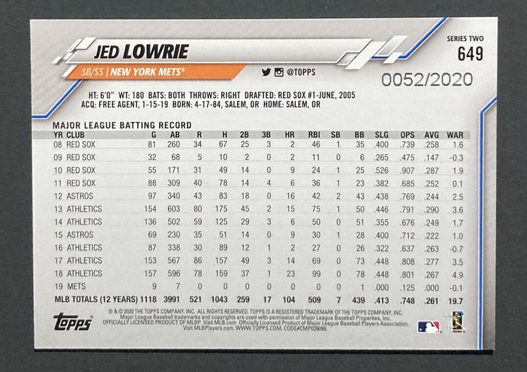 2020 Topps Series 2-Gold #’d/2020- Jed Lowrie NY Mets -#649 | eBay