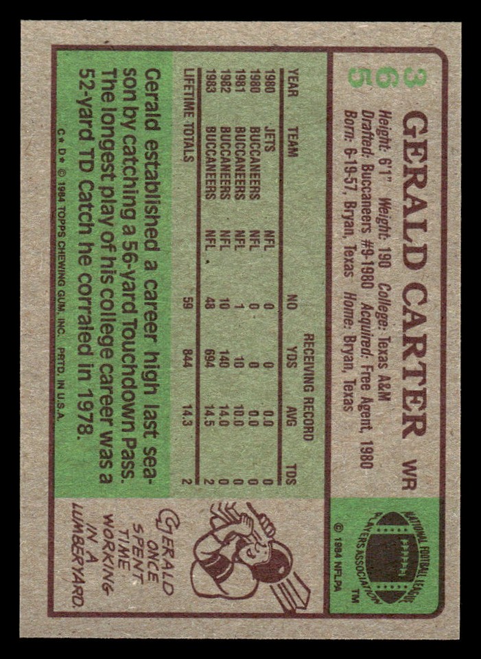 1984 Topps #365 Gerald Carter Tampa Bay Buccaneers Football | eBay