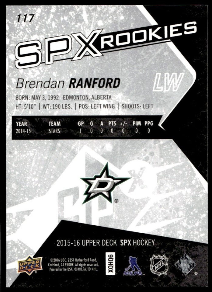 2015-16 Upper Deck SPx Rookies Brendan Ranford Rookie G116 Dallas Stars ...