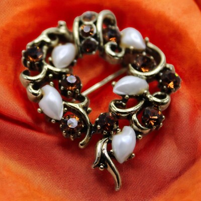 Vtg Lisner Faux Baby Tooth Pearl AB Amber Rhinestone Brooch Pin Signed ...