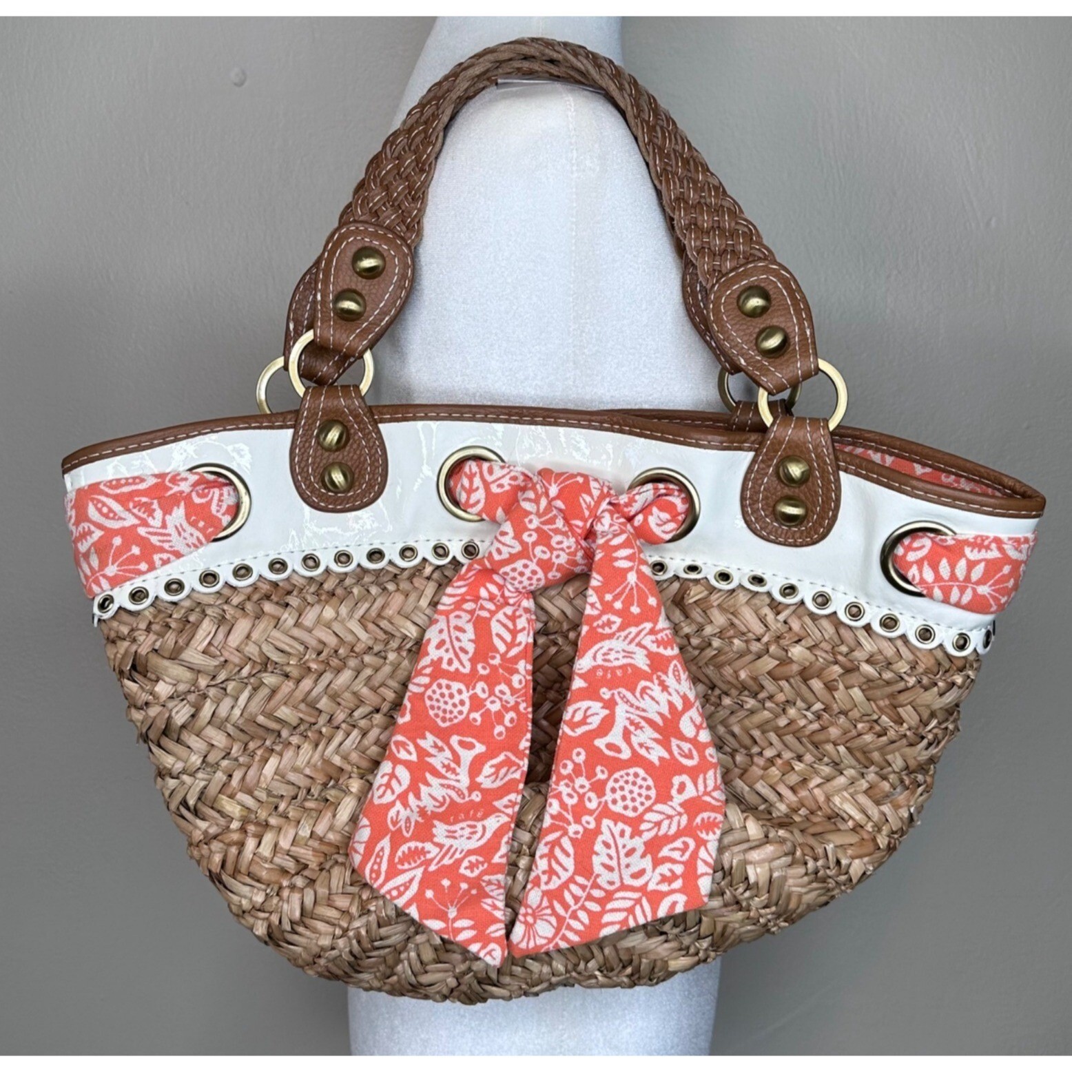 Rafe Hand Crafted Woven Straw Leather Bucket Bag With Bow Beachy Costal ...