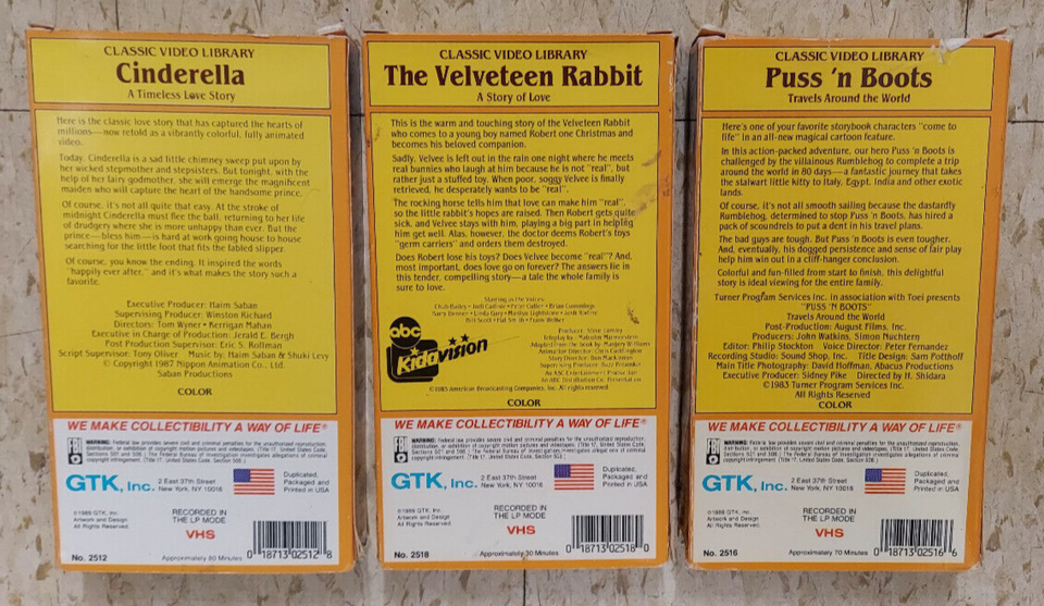 3 VHS Classic Video Library PUSS N BOOTS CINDERELLA THE VELVETEEN ...