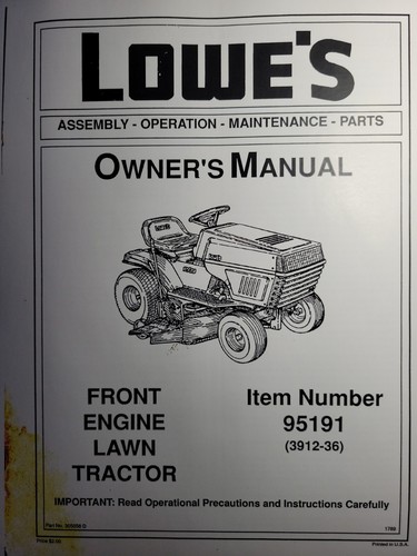 Lowe's Dynamark AMF Riding Lawn Mower Tractor 95191 3912-36 Owner ...